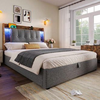 Generic Intelligentes Plattformbett 90x200 graue W&auml;sche - Typ-C-Ladesystem, APP/Touch-Steuerung, Flip-Top-Aufbewahrungsmodul und LED-Umgebungsbeleuchtung (ohn