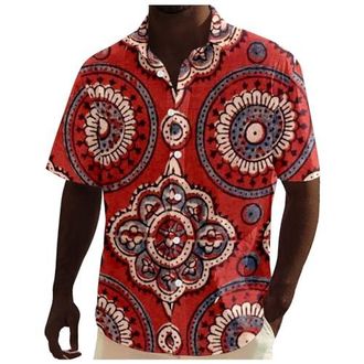 Generic Chemise &agrave; manches courtes pour homme style traditionnel africain Dashiki d&eacute;t&eacute; hawa&iuml;en vacances &agrave; fleurs Ankara, Rouge, 3XL