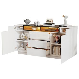 STILVORA Credenza Con 2 Ante, 3 Cassetti, 2 Vani Semiaperti E Led Per Soggiorno In Truciolare Bianco 140 &times; 40 &times; 68 Cm