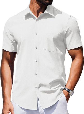 Coofandy Hemd Herren Kurzarm Sommer Hemden Regular Fit Strand Leicht Männer Freizeithemden mit Brusttasche Weiß XL