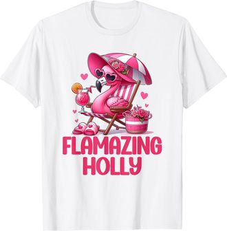 BDAZ Flamazing Holly Pink Flamingo Tropical Beach Scene Damen T-Shirt