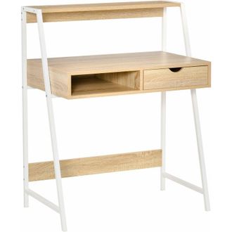 HOMCOM Homcom - Bureau secr&eacute;taire bureau informatique style n&eacute;o-r&eacute;tro tiroir niche &eacute;tag&egrave;re m&eacute;tal blanc aspect ch&ecirc;ne clair