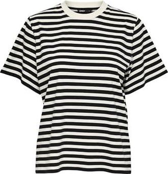 Only Seulement T-Shirt rayé Femme en Coton avec col Rond, Couleurs:Blanc-2, Taille:XS