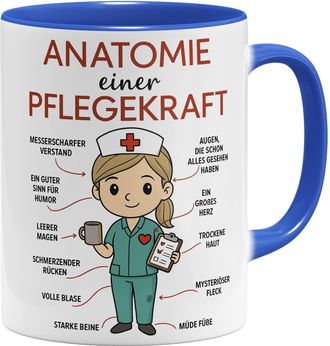 OM3 Anatomie einer Pflegekraft Kaffee-Tasse mit Spruch - Dankesch&ouml;n f&uuml;r Krankenschwester, Pflegerin & Altenpflegerin - Keramik Becher - 325ml - Beidseitig
