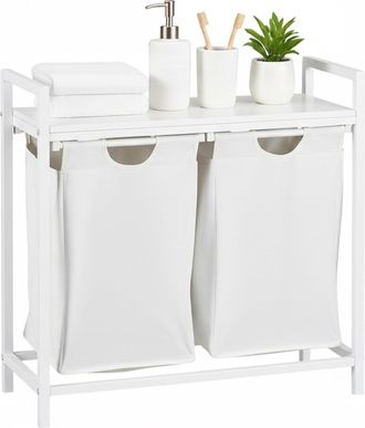 Relaxdays Wäschesammler mit 2 ausziehbaren Wäschekörben, mit Ablage, HBT: 72 x 73 x 33 cm, Wäschekorb Metall, weiß/grau