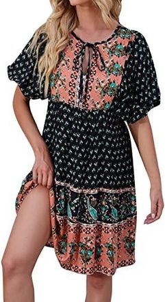 Generic Robe boh&egrave;me 2026 pour femmes, robe &agrave; imprim&eacute; floral, robe de plage &agrave; manches rondes, d&eacute;contract&eacute;e, mini &eacute;t&eacute; maxi, Noir, XL