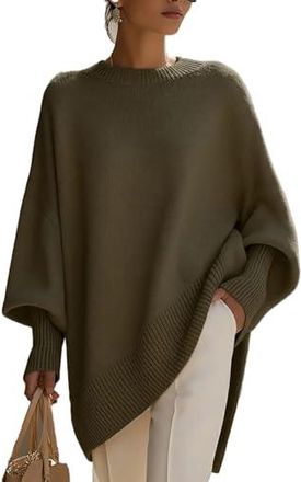 Generic Pull surdimensionn&eacute; &agrave; manches chauve-souris pour femme - Tunique d&eacute;contract&eacute;e &agrave; col rond - Pull tendance en tricot c&ocirc;tel&eacute; doux et confortable, vert fo