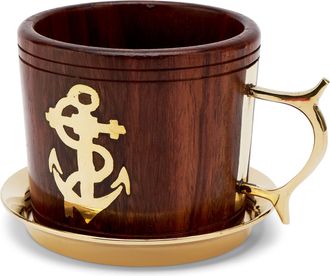 NKlaus Maritimes Tee-Glas Holz mit Messing-Untersetzer 7cm Grog-Glas Ankermotiv Deko 11592