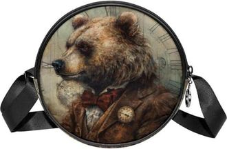 Generic Sac &agrave; bandouli&egrave;re rond pour femme, motif ours vintage, petit sac &agrave; bandouli&egrave;re avec fermeture &eacute;clair, bretelles r&eacute;glables, sac &agrave; main rond d&eacute;contract&eacute;