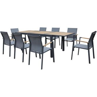 Happy Garden Ausziehbare Gartenm&ouml;bel PALERMO aus grauem Textilene, 8 Sitzpl&auml;tze - anthrazitfarbenes Aluminium und Holzeffekt
