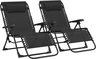 OUTSUNNY Lot de 2 chaises longues pliables z&eacute;ro gravit&eacute; coussin t&eacute;ti&egrave;re amovible m&eacute;tal &eacute;poxy textil&egrave;ne noir