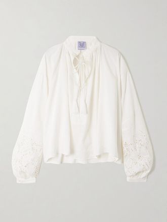 Thierry Colson Blouse En Lin Et Coton Mélangés À Broderie Anglaise Et À Fronces - Blanc cassé