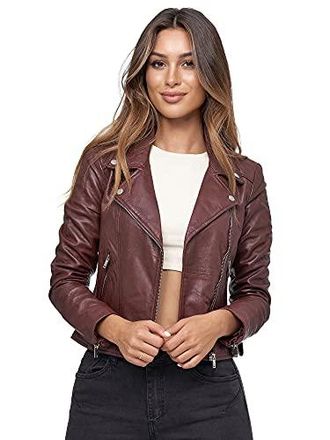 Tazzio Veste en cuir v&eacute;ritable pour femme au look motard avec fermeture &eacute;clair et col &agrave; revers F507, Bordeaux, L
