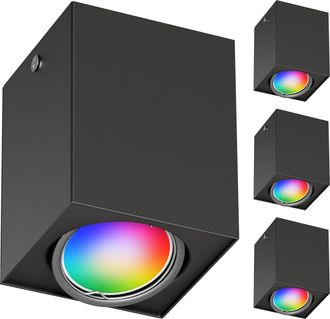 LEDs Com 4 Stück Deckenleuchte DEJO, schwarz matt, 8 x 8cm + GU10 Smart Home RGBW LED 473lm