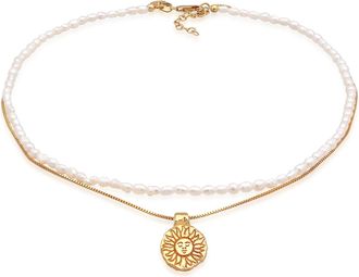 Elli Halsketten - Halskette Choker Layer Sonne Süßwasserperlen 925 S - Gr. unisize - in Gold - für Damen