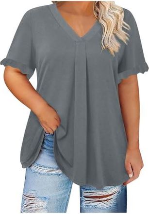 Generic Chemisier uni à manches courtes pour femme - Grande taille - Haut dété décontracté à manches courtes et col en V - Coupe ample - Joli t-shirt basique 