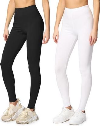 Merry Style Lot de 2 Legging Femme Confortables et Extensibles Legging Sport Femme Coton Naturel Respirant Parfait MS10-198 (Noir/Blanc, XL)