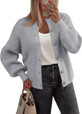 Zeagoo Cardigan Femme Court Tricot Col Rond Ouvert avec Boutons Pull &Eacute;l&eacute;gant D&eacute;contract&eacute; Gilet en Maille pour Femme Gris Clair XXL