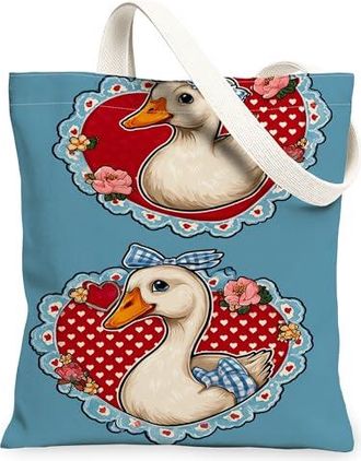 Generic Sacs fourre-tout en toile &agrave; motif floral bleu, mignon canard, sacs &agrave; provisions r&eacute;utilisables, style vintage printanier, l&eacute;ger, lavable, bandouli&egrave;re C