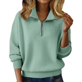 Generic Pull dautomne d&eacute;contract&eacute; &agrave; col montant et manches longues avec fermeture &eacute;clair quart de longueur pour femme, Vert, L