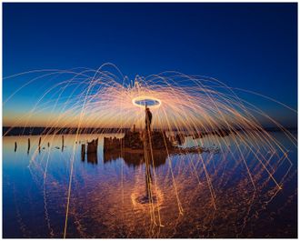 Wallario Poster - Feuerkreise am Wasser in Premiumqualit&auml;t, Gr&ouml;&szlig;e: 40 x 50 cm