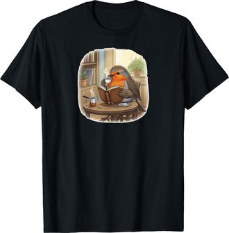 jz.birds Rotkehlchen liest Bücher und trinkt Kaffee Vogelfreund Vogel T-Shirt