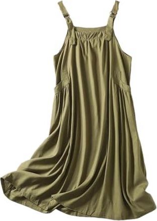Generic Robe longue d&eacute;contract&eacute;e en coton et lin avec bretelles spaghetti pour femme, Army Gn., taille unique