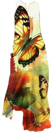 Ocean Plus Damen Muster Maxikleid V-Ausschnitt Kleid mit Stecktaschen und Weitem Rock (S, Orangefarbener Schmetterling)