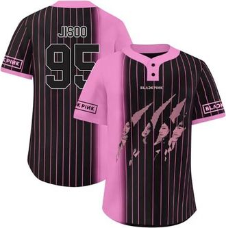 Generic Maillot de Baseball imprimé Noir et Rose Kpop Lisa Jennie Jisoo Rose, col en V, Style Hip-hop, pour Les Fans de Musique 01-1 S