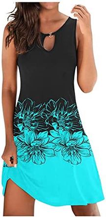 Generic Femme Robe Courte Sexy Femme sans Manche Boho Eté Robes Décontracté Chic Lâche Plus Size Vintage Mini Rbes Impression A-Line Coton Et Lin Robes