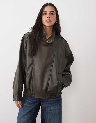 Abercrombie & Fitch bomber oversize en imitation cuir kaki-Vert