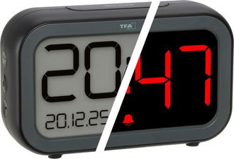 TFA Dostmann Digitalwecker Bingo Hybrid mit LCD/LED Anzeige, 60.2048, Wecker mit Hybridanzeige, integriertem Akku & USB-C Kabel, automatischer Wechsel, Datum, Snoo