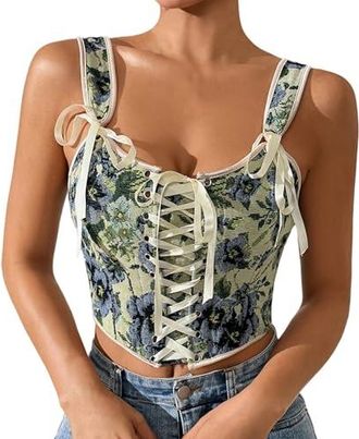 Generic Corset Femme Dentelle, D&eacute;bardeur Sexy &Agrave; Imprim&eacute; R&eacute;tro Pour Femme, Taille Nou&eacute;e, &Eacute;paules Larges, Style Camisole &Agrave; Fleurs