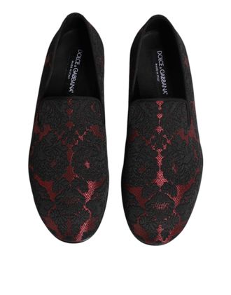 Dolce & Gabbana Red Black Jacquard Slip On Men Loafers Shoes And Leather