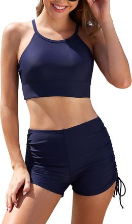 SHEKINI Damen 2-teilige Badeanz&uuml;ge Crisscross Bikini Top Bauchkontrolle Seite Krawatte Boyshorts(XL, Blau)