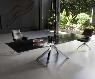 DELIFE Esstisch Edge 200-300x100 Reliefglas Rauchschwarz 3D-Design Kreuzgestell Rechteck Edelstahl ausziehbar, Esstische