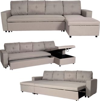 Mendler Ecksofa mit Bettkasten HWC-L16, Couch Sofa L-Form, Liegefläche Links/rechts Nosagfederung Stoff/Textil 290cm - beige