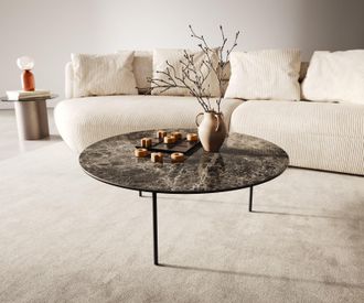 DELIFE Couchtisch Edge Rund 90x90 cm Keramik Emperador Extra Lucidato Dunkelbraun Trive Metall Schwarz, Couchtische