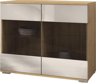 Vladon Kommode Bari V3, Moderner K&uuml;chenschrank mit 2 gro&szlig;en Glast&uuml;ren Eiche Evoke/Sandgrau Hochglanz (92,5 x 75.5 x 35)