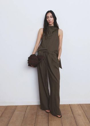 Mango Pantalon droit &agrave; rayures marron - Femme - S - MANGO