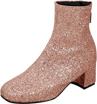 Generic Bottines Paillettes Femme Talon Bloc Bout Carr&eacute; Bottes Courtes Semelle Antid&eacute;rapante Chaussures Brillantes Femme Tendances Bottines L&eacute;g&egrave;res D&eacute;contract