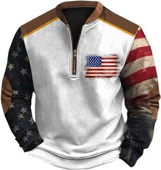 Generic Sweats à capuche pour homme - Décontracté - Mode ample - Imprimé drapeau américain en 3D - Col zippé - Manches longues - Sweat dhiver, blanc, 3XL