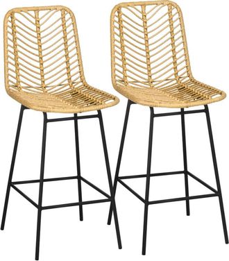 HOMCOM Lot de 2 tabourets de bar design boh&egrave;me Hauteur 66 cm avec repose-pieds m&eacute;tal et rotin PE - naturel-Jaune