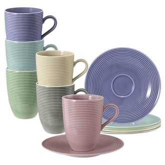 SELTMANN WEIDEN Beat Color Glaze Kaffee-Set 12-teilig - Modernes Porzellan mit Rillenrelief in Trendfarben, 6 Henkelbecher & Untertassen, Sp&uuml;lmaschinen- & Mikrowellen
