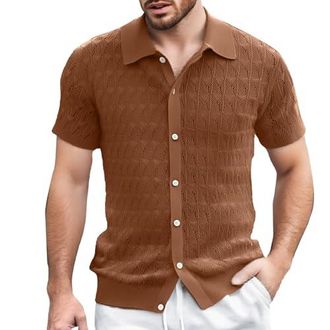 Generico Chemise &agrave; manches courtes pour homme, chemise en tricot style r&eacute;tro avec col et boutons, coupe fine, confortable et l&eacute;g&egrave;re, chemise d&eacute;t&eacute; et dautomne u
