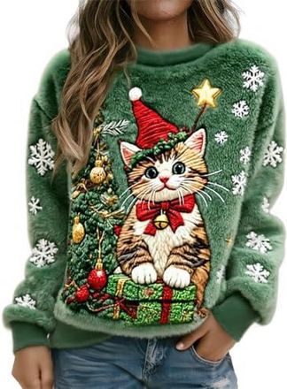 Generic Sweatshirt en flanelle pour femme avec imprim&eacute; chat de No&euml;l, pull-over mignon et original &agrave; col rond, hauts confortables et festifs, v&ecirc;tements dhiver 