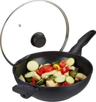 Relaxdays Wok Pfanne mit Glasdeckel 30 cm, Griffe, Antihaftbeschichtung, f&uuml;r Induktion, Gas-, Elektroherd, 4 l, schwarz