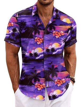 Coofandy Chemises hawa&iuml;ennes &agrave; manches courtes pour homme, chemise d&eacute;t&eacute; d&eacute;contract&eacute;e &agrave; motif floral, Bleu coucher de soleil violet, XXL