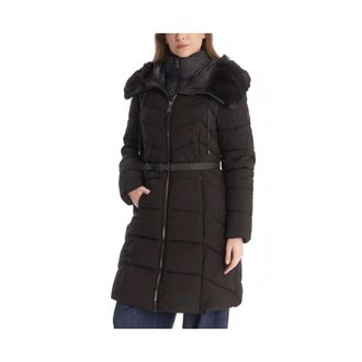 DKNY Wattierte Jacke mit Latz und Kunstfellkapuze - - Coats - Damen - Schwarzk - M