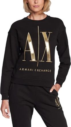 A|X Armani Exchange Damen Icon, Maxi-gesticktes Gold-Logo, Manschettenärmel, schwarz Sweatshirt, Black, XS
